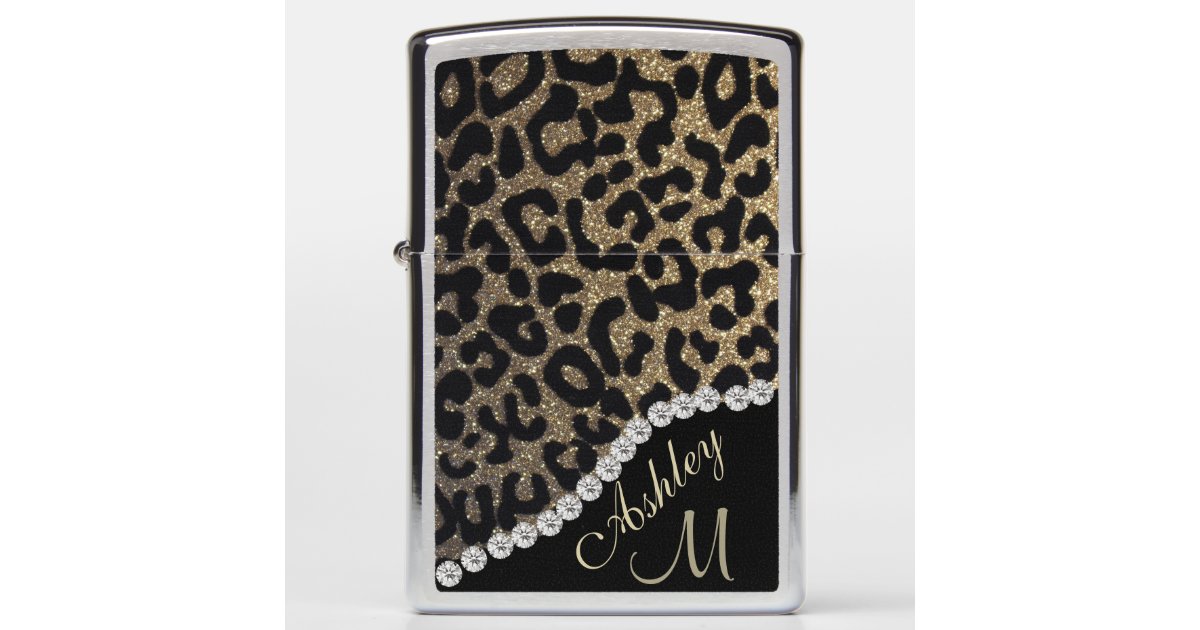 Monogram Leopard Glitter and Diamonds Zippo Lighter | Zazzle