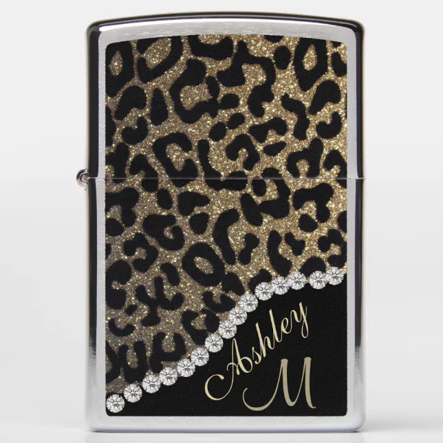 Monogram Leopard Glitter and Diamonds Zippo Lighter | Zazzle