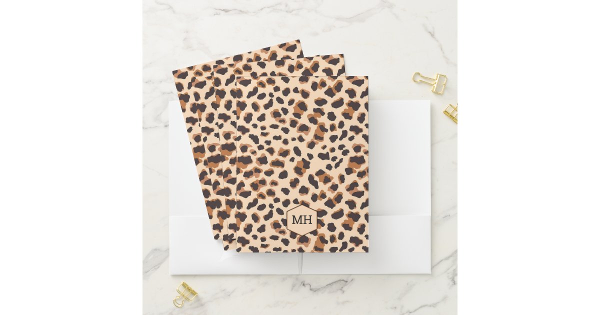 Monogram Leopard Print Modern Brown Black Animal Pocket Folder | Zazzle