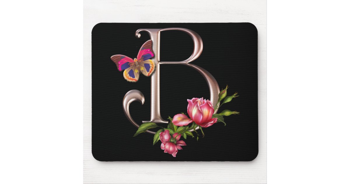 MONOGRAM LETTER B WITH ROSES AND BUTTERFLY MOUSE PAD | Zazzle