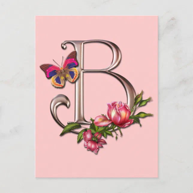 MONOGRAM LETTER B WITH ROSES AND BUTTERFLY POSTCARD | Zazzle