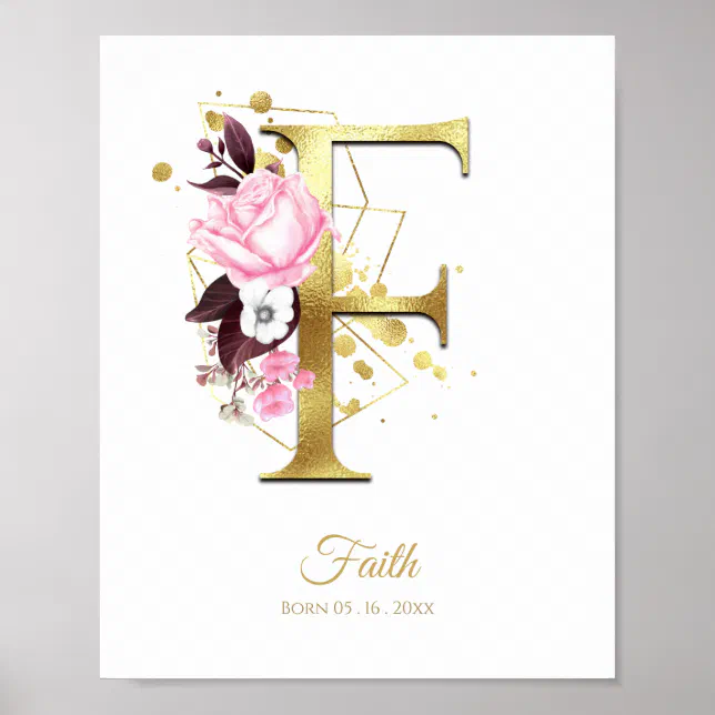Monogram Letter F Gold Foil & Pink Floral Nursery Poster | Zazzle