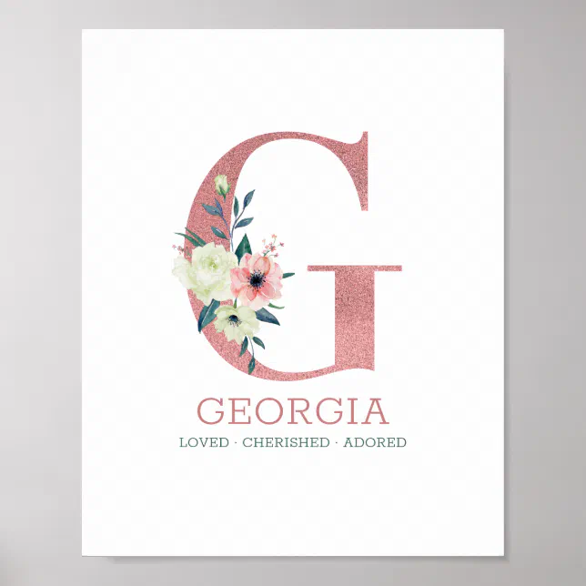Monogram Letter G Pink Watercolor Floral Nursery Poster | Zazzle