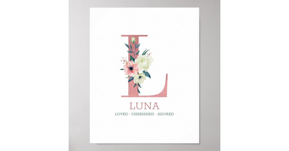 Monogram Letter L Pink Watercolor Floral Nursery Poster | Zazzle