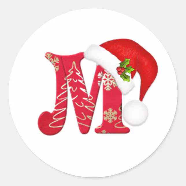 Monogram letter M, Santa hat Christmas Sticker | Zazzle