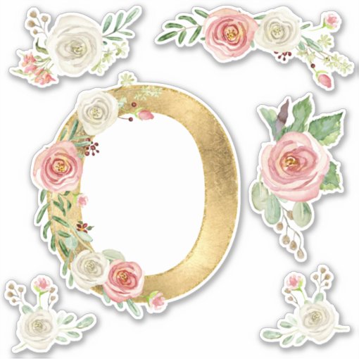 Monogram Letter O Pink Rose Floral Leaf Watercolor Sticker | Zazzle