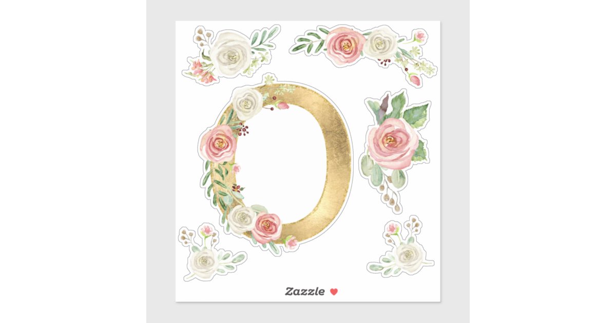 Monogram Letter O Pink Rose Floral Leaf Watercolor Sticker | Zazzle