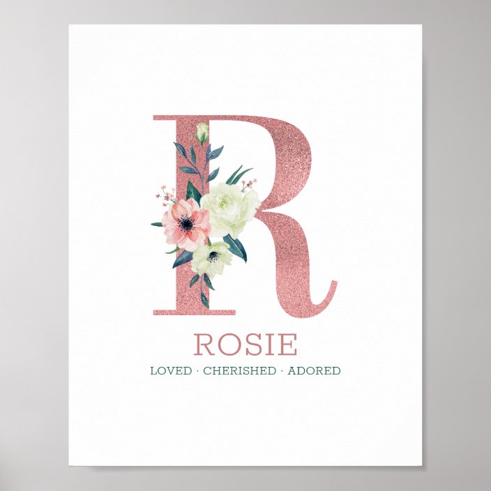 Monogram Letter R Pink Watercolor Floral Nursery Poster | Zazzle.com