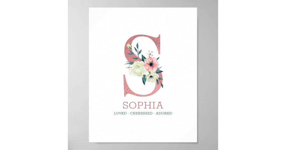 Monogram Letter S Pink Watercolor Floral Nursery Poster | Zazzle