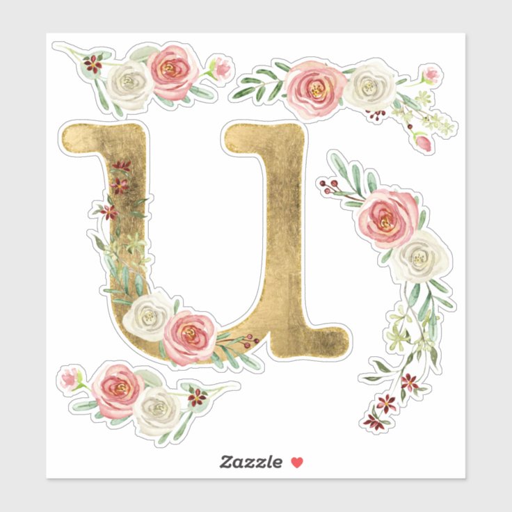 Monogram Letter U Pink Rose Floral Leaf Watercolor Sticker | Zazzle
