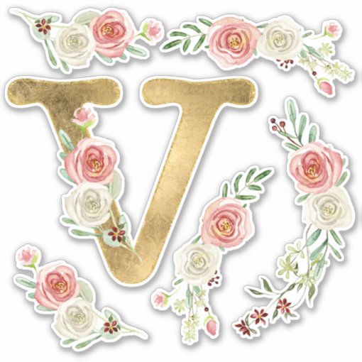 Monogram Letter V Pink Rose Floral Leaf Watercolor Sticker | Zazzle