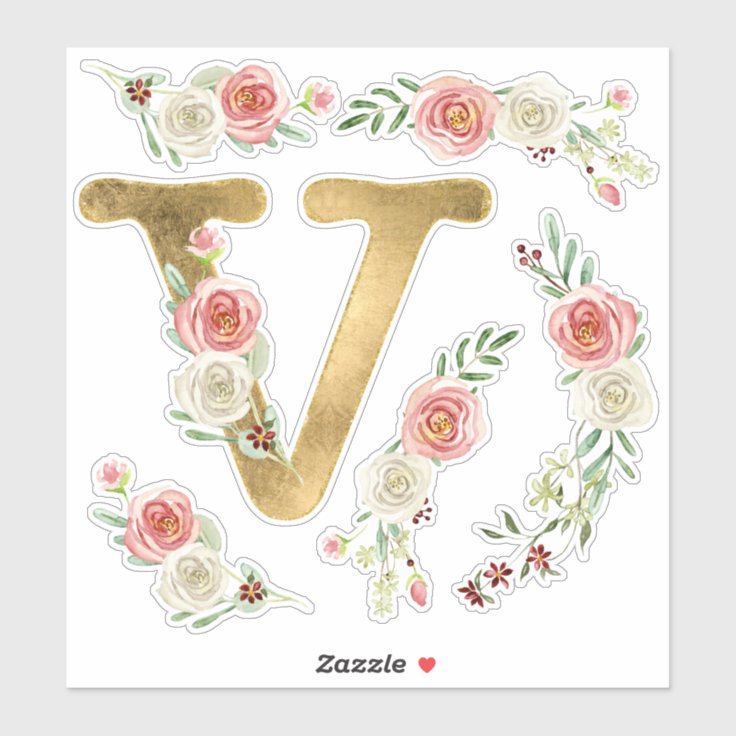 Monogram Letter V Pink Rose Floral Leaf Watercolor Sticker | Zazzle