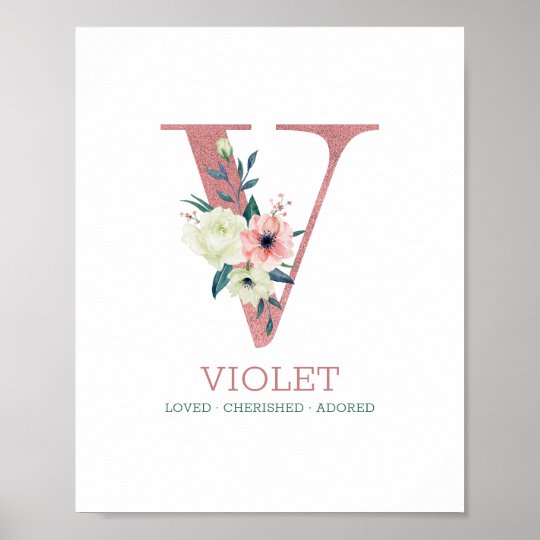 Monogram Letter V Pink Watercolor Floral Nursery Poster | Zazzle.com