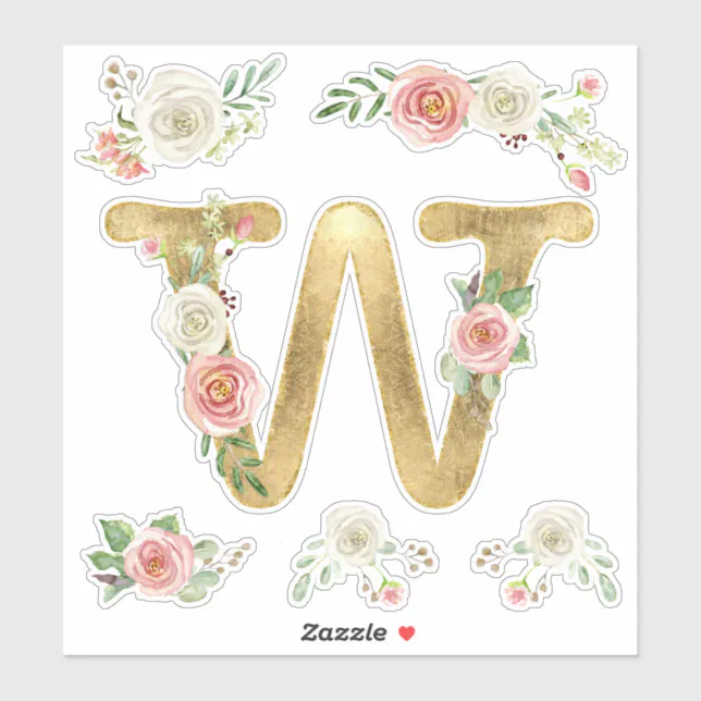 Monogram Letter W Pink Rose Floral Leaf Watercolor Sticker | Zazzle