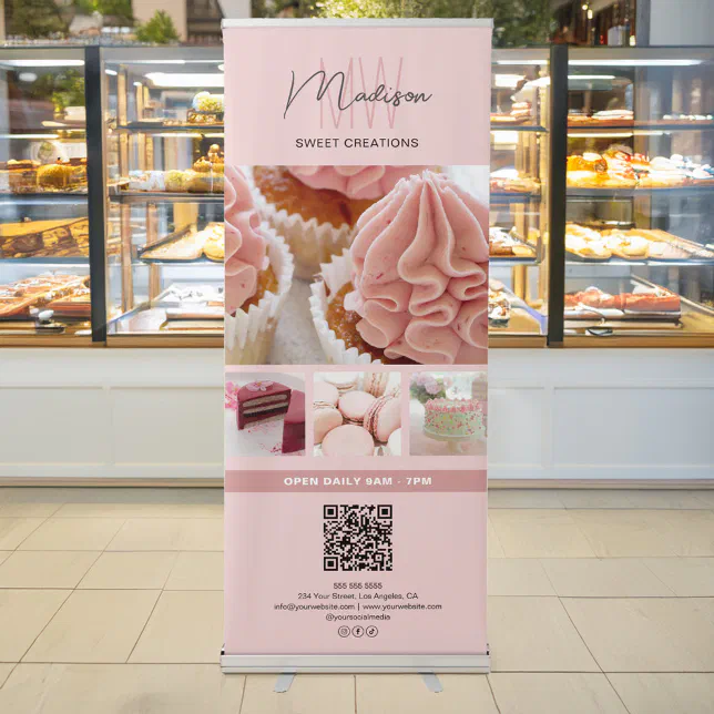 Monogram Logo Bakery Photo QR Business Pink Retractable Banner | Zazzle