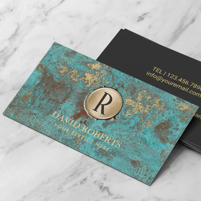 Monogram Logo Vintage Gold Turquoise & Teal Business Card | Zazzle