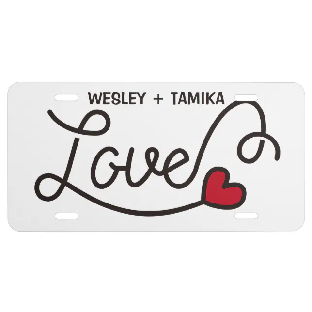 Monogram Love Modern Typography Art Red Heart License Plate | Zazzle