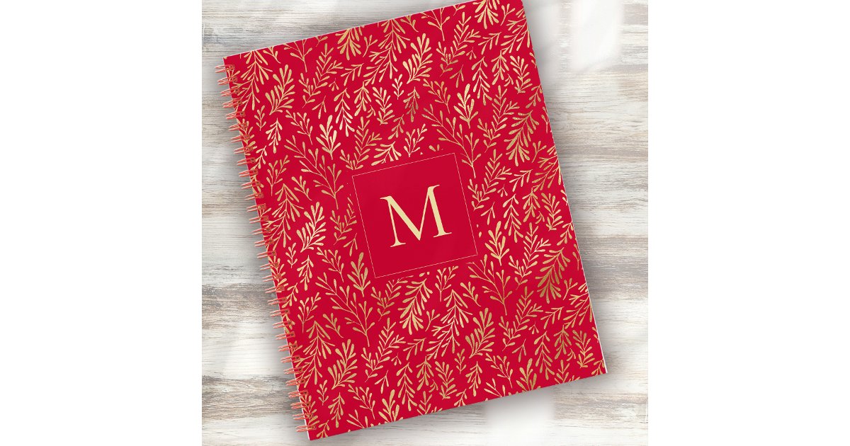 Monogram Luxury Red Gold Leaf Pattern Festive Notebook | Zazzle