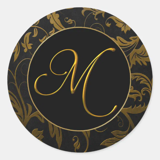 Monogram M Gold and Black Damask Wedding Seal | Zazzle