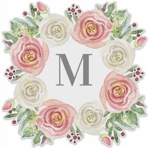 Monogram M Wedding Watercolor Rose Floral Wreath Sticker | Zazzle