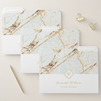 Monogram Marble Elegant White Gold File Folders | Zazzle