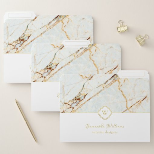 Monogram Marble Elegant White Gold File Folders | Zazzle