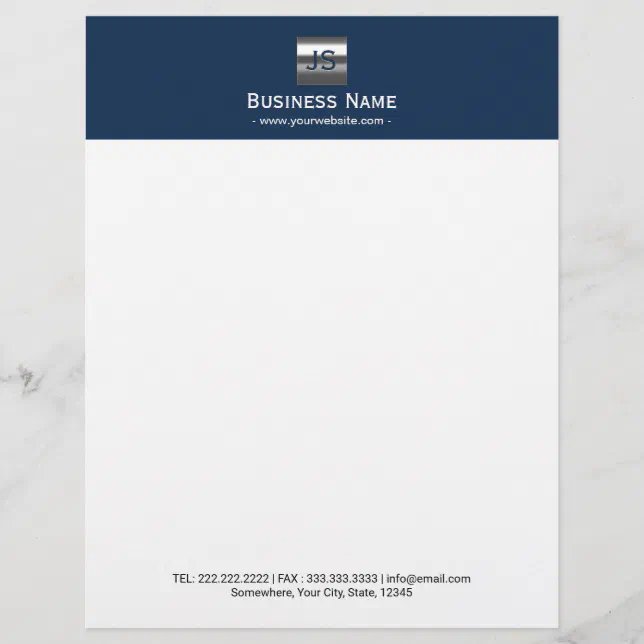 Monogram Metal Logo Navy Blue Modern Professional Letterhead | Zazzle