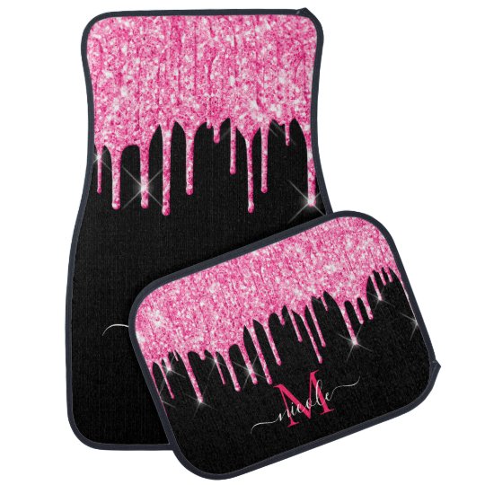 Monogram Metallic Hot Pink Dripping Glitter Black Car Floor Mat ...