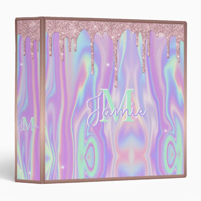 Monogram Metallic Rose Gold Glitter & Iridescent 3 Ring Binder | Zazzle