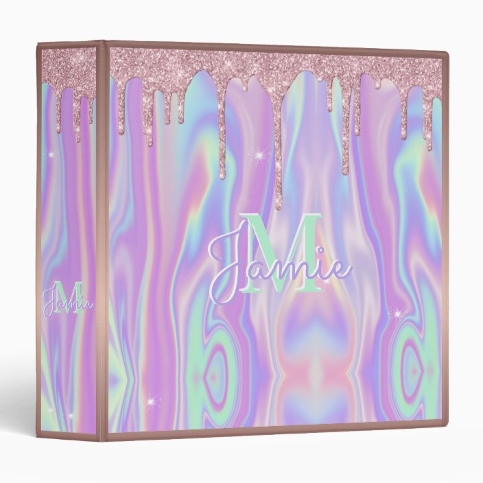 Monogram Metallic Rose Gold Glitter & Iridescent 3 Ring Binder | Zazzle.com