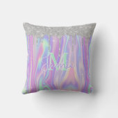 Monogram Metallic Silver Glitter Drip & Iridescent Throw Pillow | Zazzle