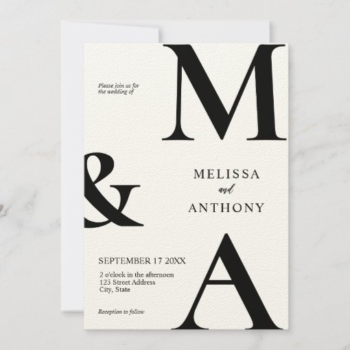 Monogram Minimalist Black and Ecru Modern Wedding Invitation | Zazzle