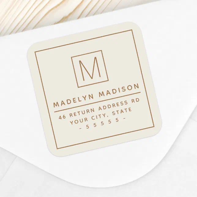 Monogram minimalist ivory colored return address square sticker | Zazzle