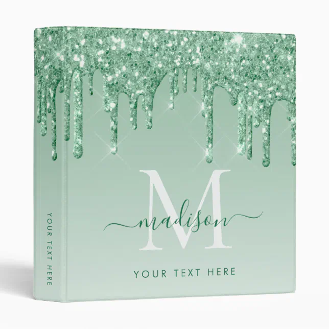 Monogram Mint Green Glitter Drips School Office 3 Ring Binder | Zazzle