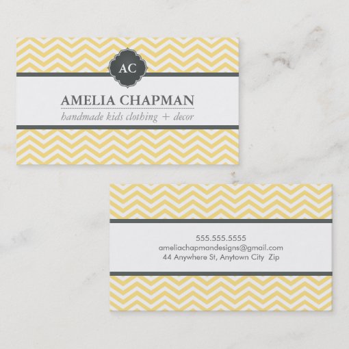 MONOGRAM modern chevron pattern pale yellow grey Business Card | Zazzle
