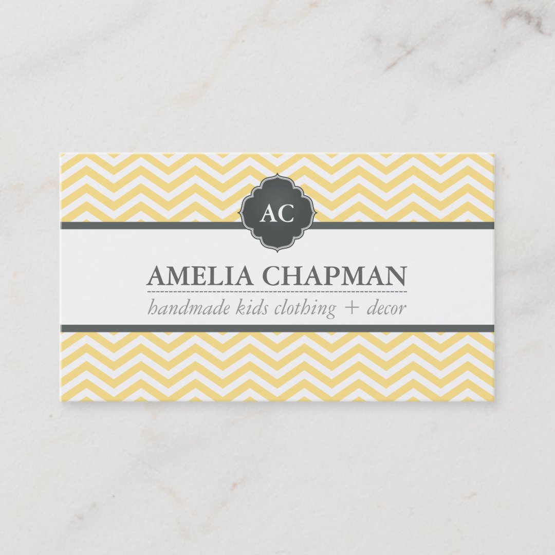 MONOGRAM modern chevron pattern pale yellow grey Business Card | Zazzle