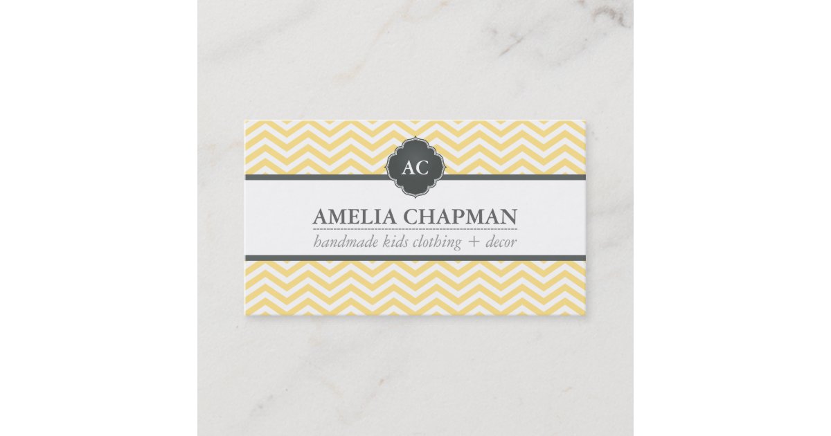 MONOGRAM modern chevron pattern pale yellow grey Business Card | Zazzle