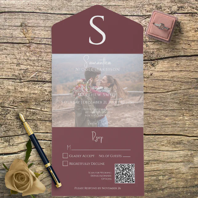 Monogram Modern Photo Burgundy Wine QR Code All In One Invitation | Zazzle