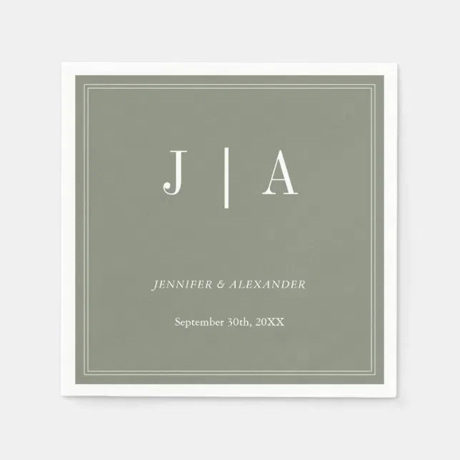 Monogram Modern Simple Sage Green White Wedding Napkins | Zazzle