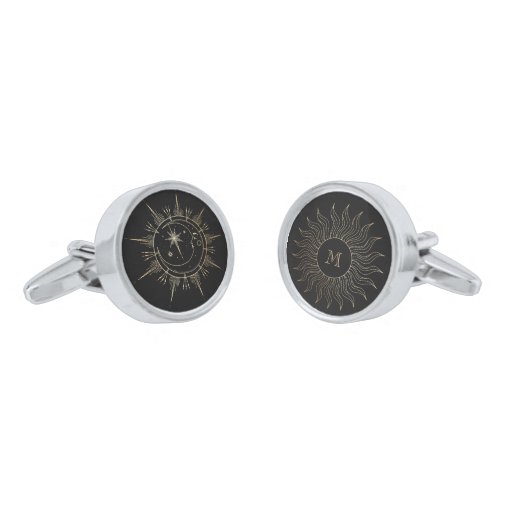 Monogram My Sun and Moon Celestial Gold Black Cufflinks | Zazzle