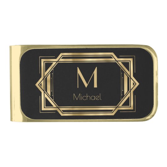 Monogram & Name Black and Gold Geometric Art Deco Gold Finish Money ...