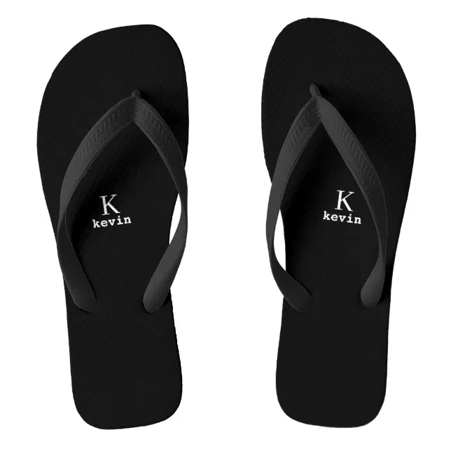 Monogram name black and white modern flip flops | Zazzle