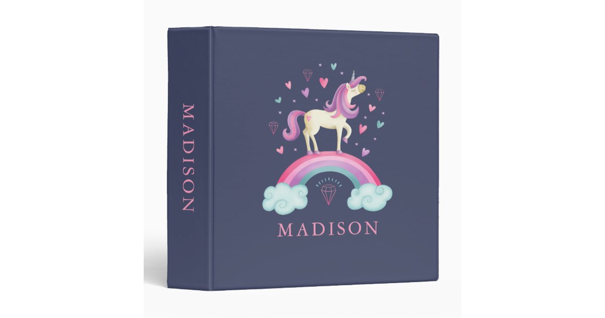 Monogram Name Cute Magical Rainbow Unicorn School 3 Ring Binder | Zazzle
