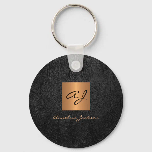 Monogram name elegant modern black gold keychain | Zazzle