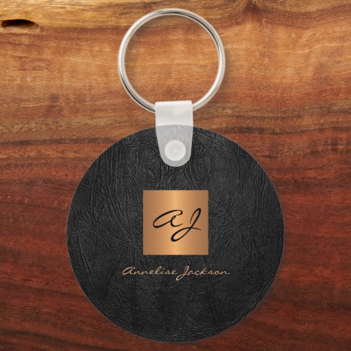 Monogram name elegant modern black gold keychain | Zazzle