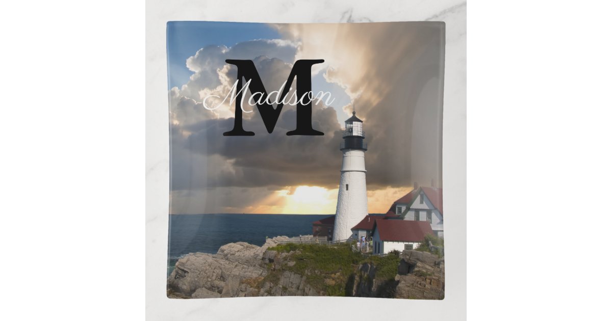 Monogram Name Lighthouse Sunset Photo Trinket Tray | Zazzle