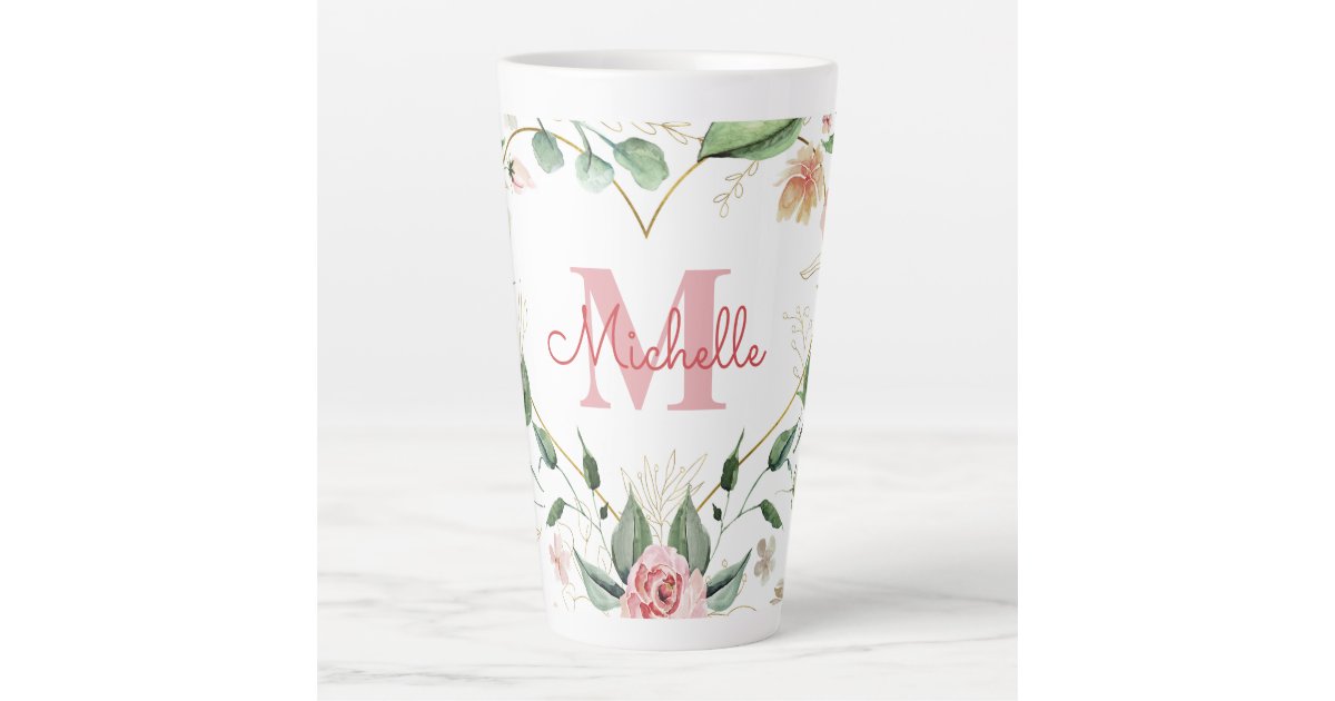 Monogram Name Pink White Rose Watercolor Floral Latte Mug | Zazzle