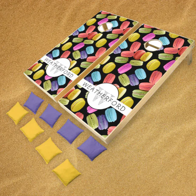 Monogram Name Rainbow Macaron Cookies Pattern Cornhole Set | Zazzle