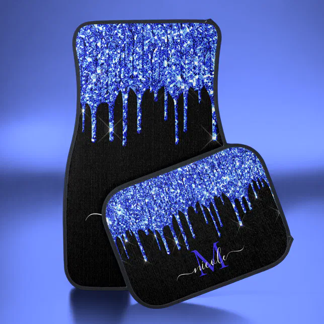 Monogram Name Royal Blue Dripping Glitter Black Car Floor Mat | Zazzle