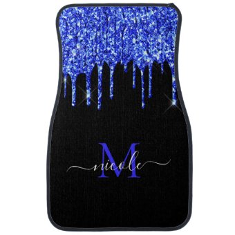 Monogram Name Royal Blue Dripping Glitter Black Car Floor Mat | Zazzle